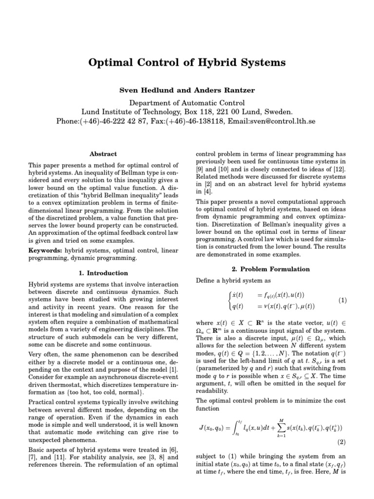 Optimal Control of Hybrid Systems | PDF | Optimal Control | Mathematical Optimization