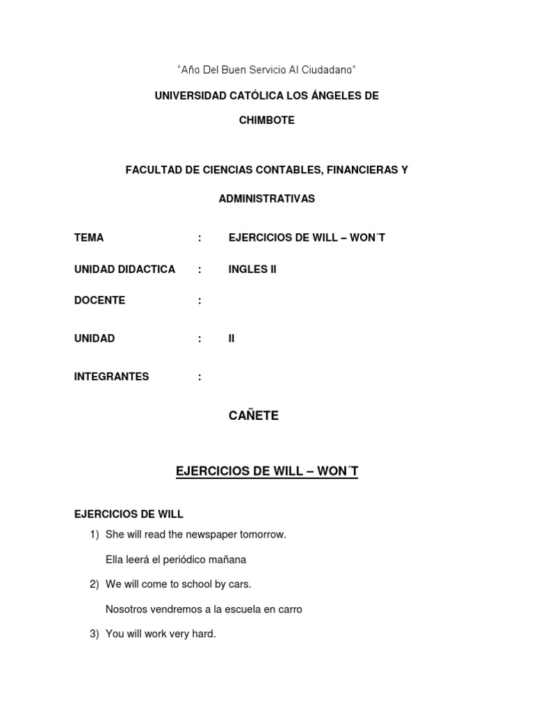 Ejemplos de Will - Wont | PDF