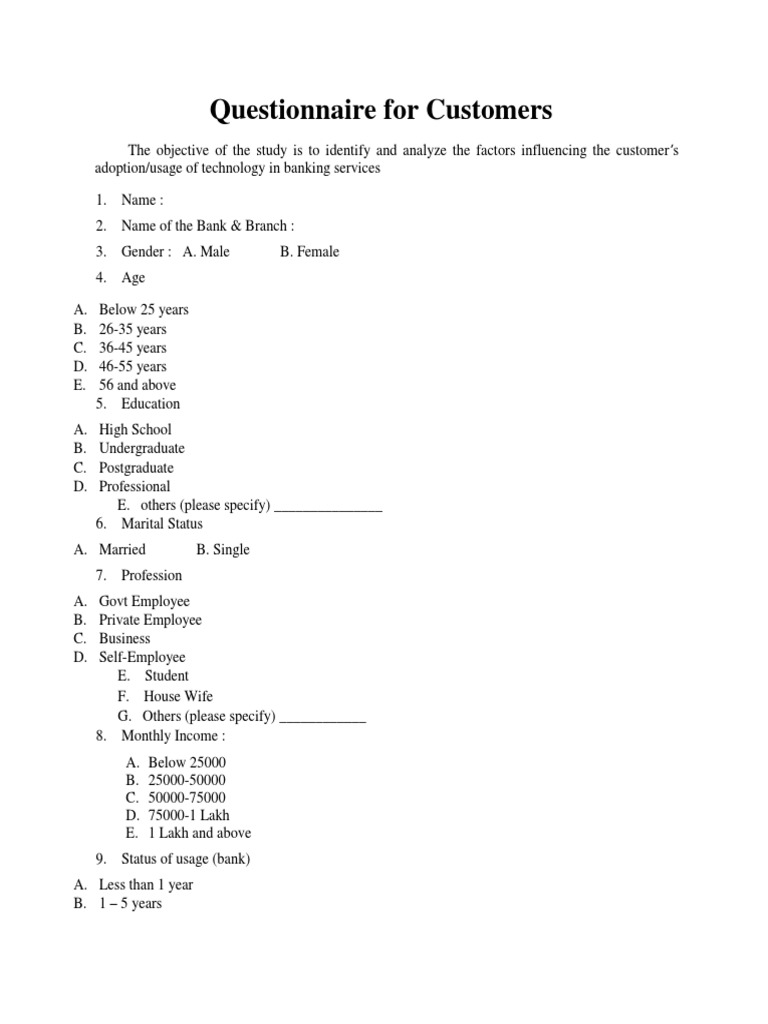 Questionnaire For Customers | PDF | Financial Technology | Finance ...