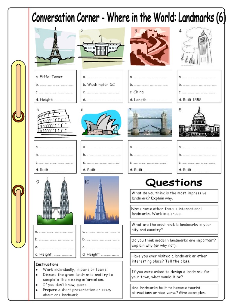 Conversation Corner Where in The World 6 Landmarks Fun Activities Games ...