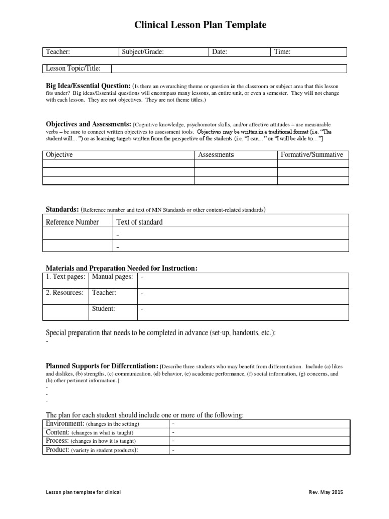 Clinical Lesson Plan Template: Big Idea/Essential Question: ( | PDF ...