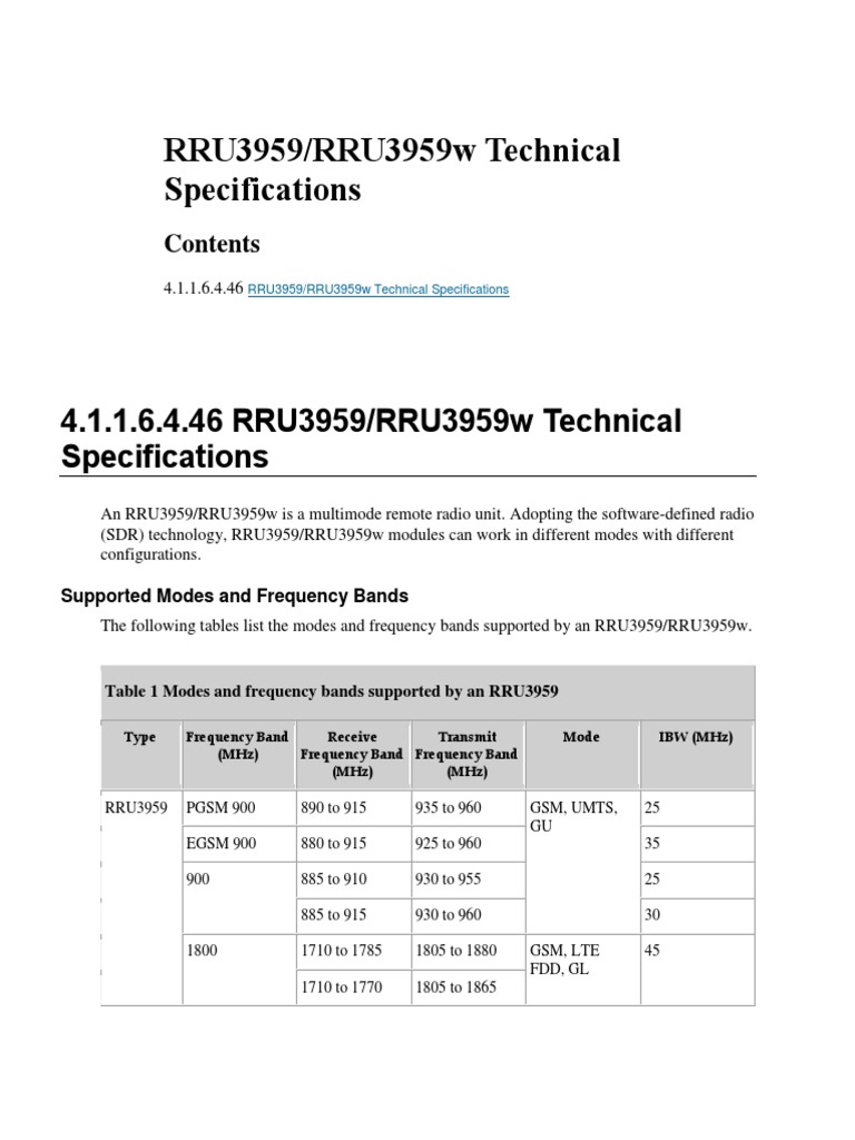 RRU3959/RRU3959w technical specs | PDF | Lte (Telecommunication) | Gsm
