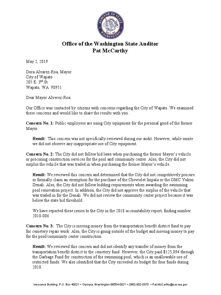 Wapato Hotline Letter | PDF | Audit | Accountability