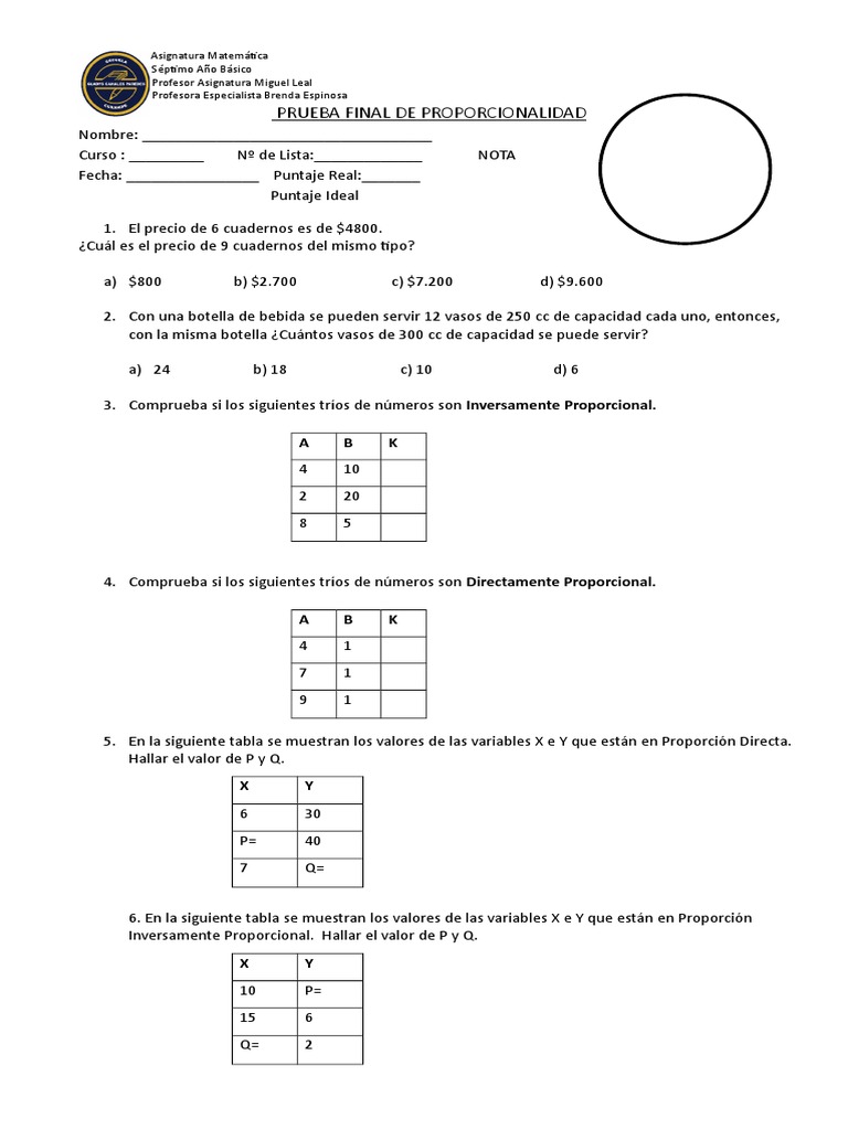 Prueba de Matematica PD y Pip | PDF | Enseñanza de matemática | Science