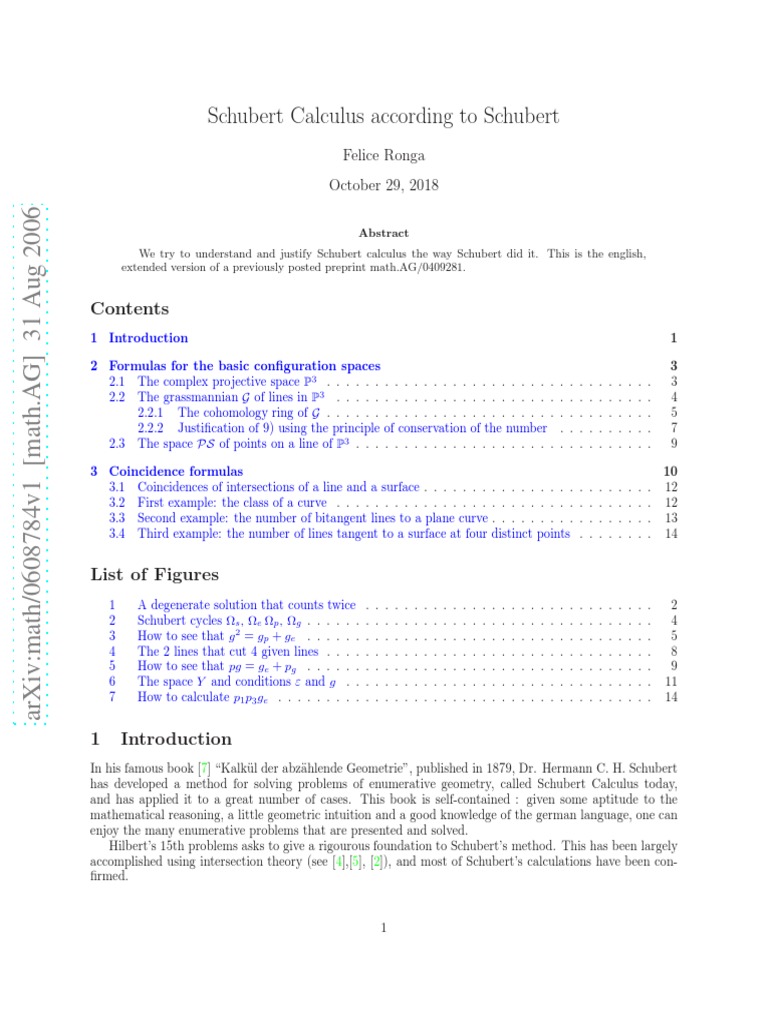 Schubert Calculus According To Schubert: Felice Ronga October 29, 2018 | PDF | Numbers | Polynomial