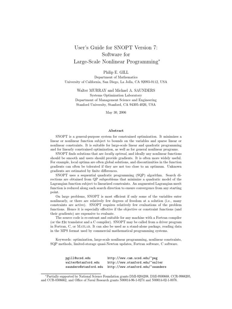User's Guide For SNOPT Version 7: Software For Large-Scale Nonlinear Programming | PDF ...