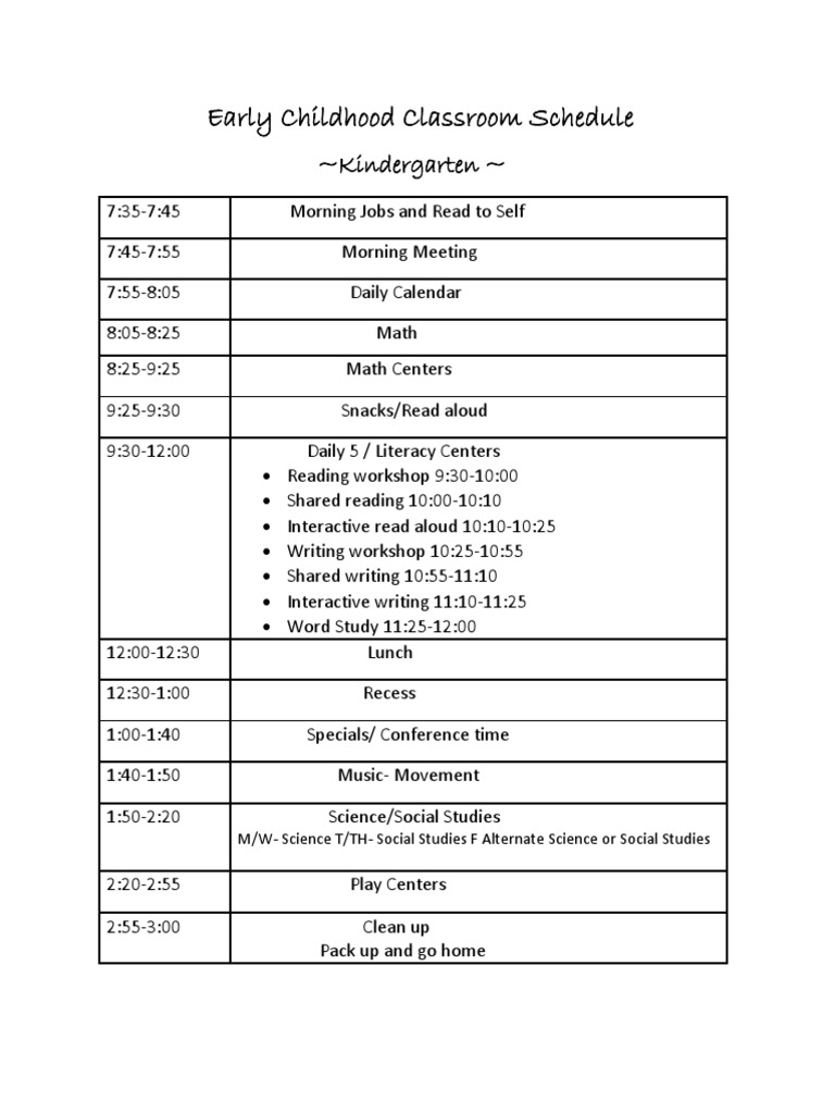 Early Childhood Classroom Schedule | PDF | Literacy | Reading (Process)