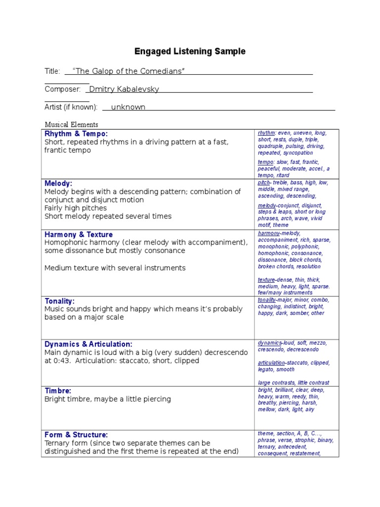 Engaged Listening Worksheet Sample | Harmony | Rhythm