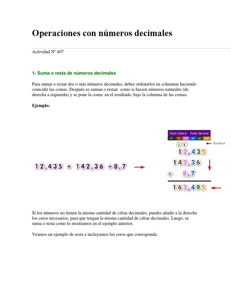 Operaciones Con Números Decimales | PDF | División (Matemáticas) | Decimal