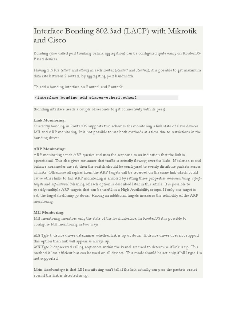 Interface Bonding 802 MKT Cisco PortChannel | PDF | Router (Computing) | Networking Standards