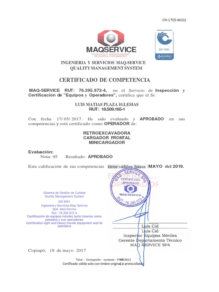 Maq Service Certificado Sr. Matías Plaza | PDF