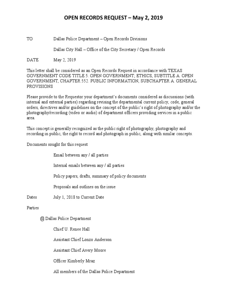 Open Records Request To Dallas Police Department and Dallas City Hall ...