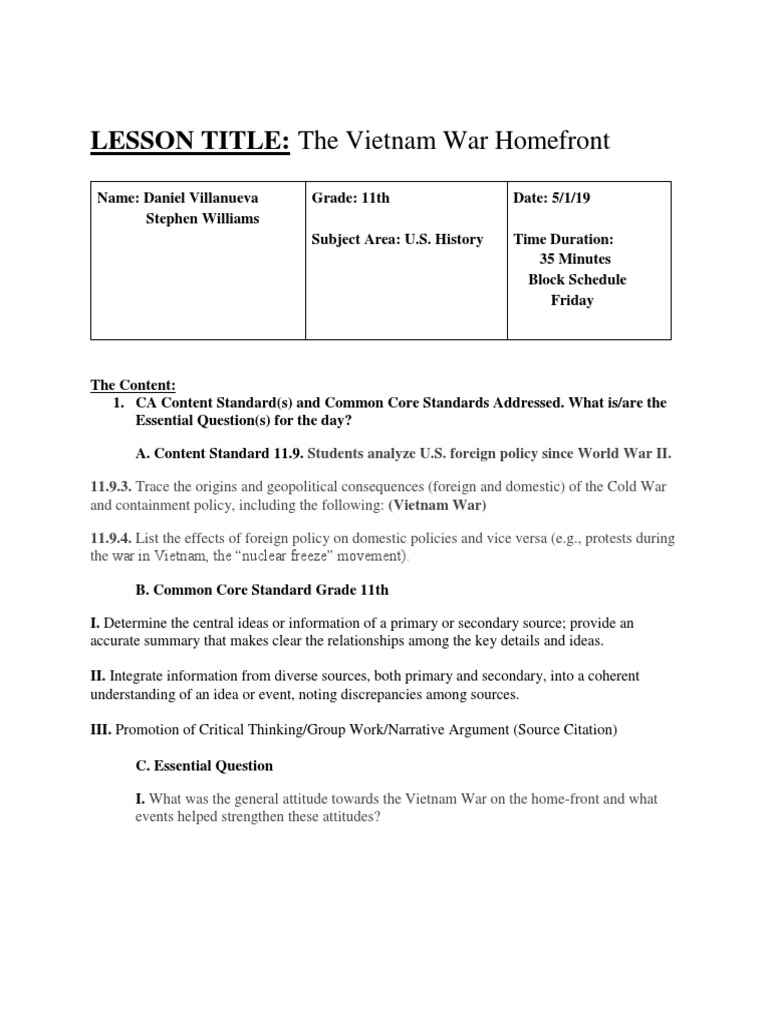 Vietnam War Homefront Lesson Plan | PDF | Lecture | Vietnam War