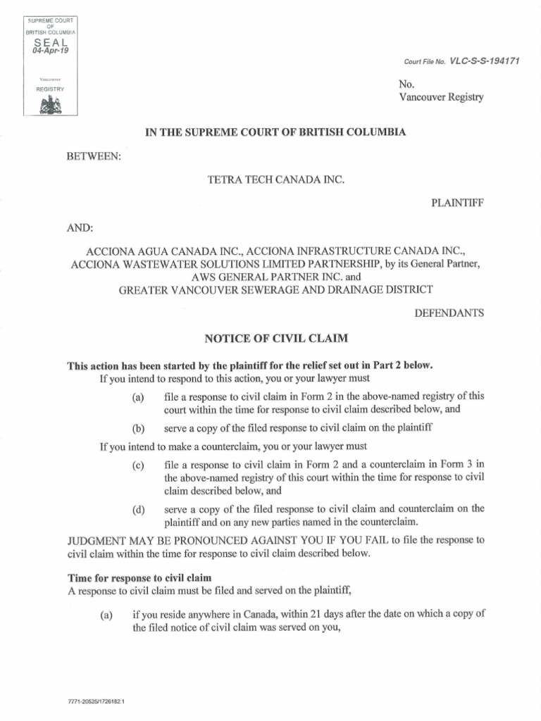 Notice of Civil Claim | PDF