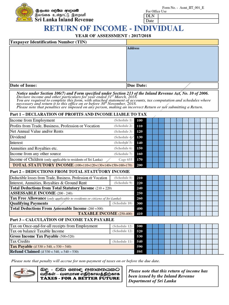 Sample Format of Individual Income Tax Return y A 2017 2018 | PDF ...