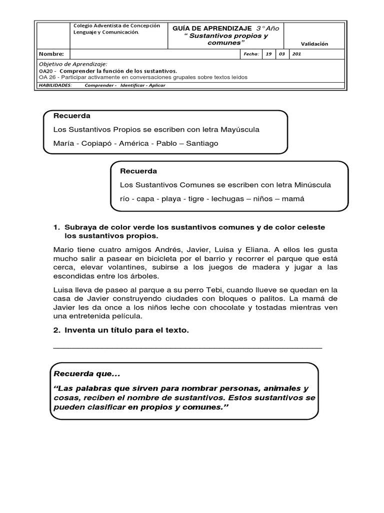 Guía de Lenguaje Comprensión Lectora 3° Sustantivos Propios y Comunes ...