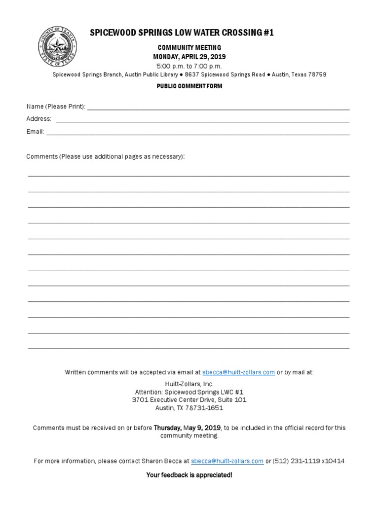 Spicewood Spgs. Comments Sheet | PDF