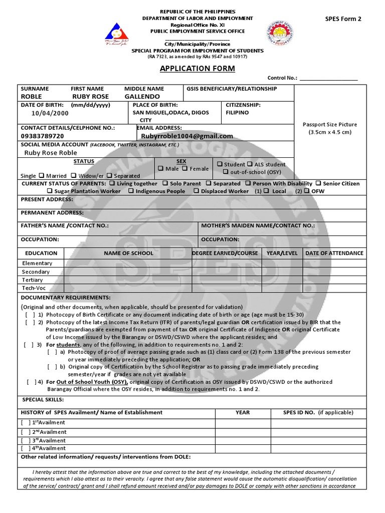Spes Form 2 - Application Form - Dec2016.final | PDF | Unemployment ...