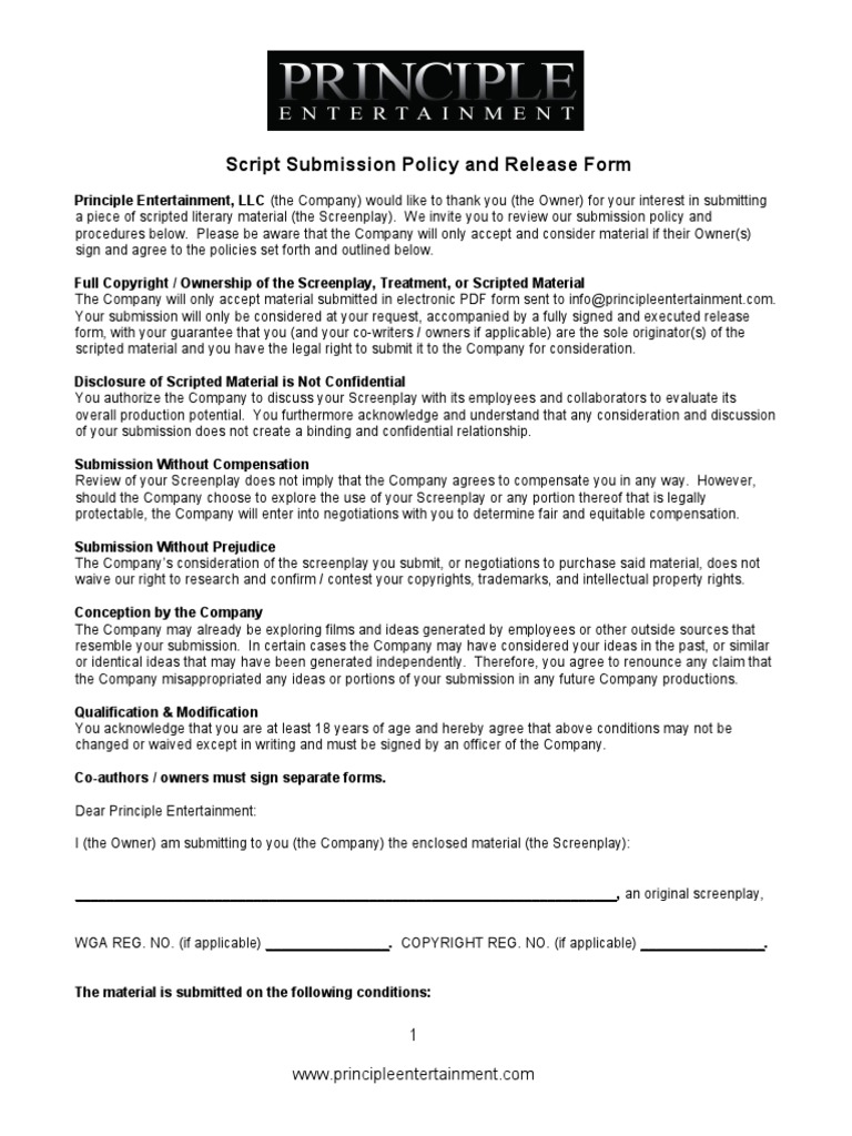Script Submission Policy for Principle Entertainment | PDF ...