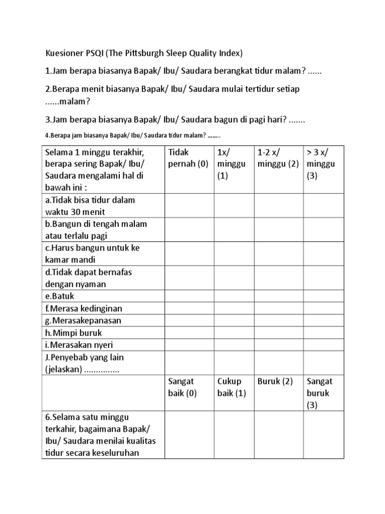 Kuesioner PSQI | PDF