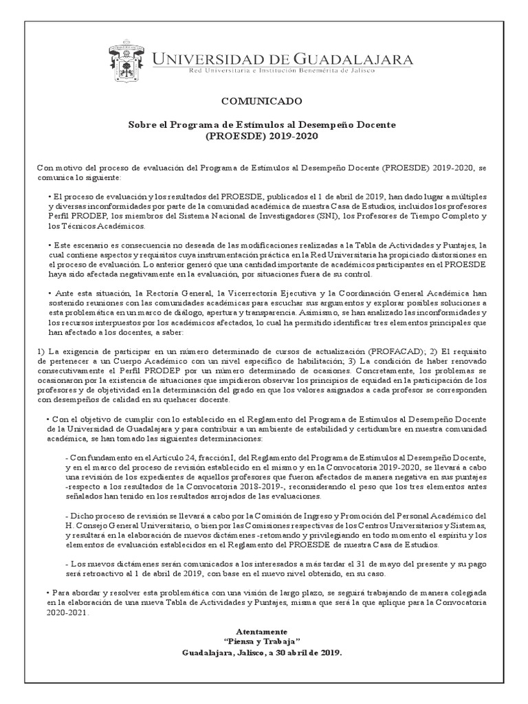 Comunicado Proesde 2019-2020 | PDF | Evaluación | Maestros
