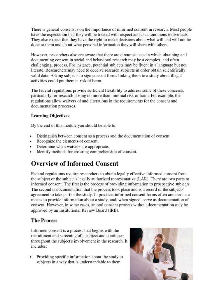 Overview of Informed Consent: Learning Objectives | PDF | Informed Consent | Institutional ...