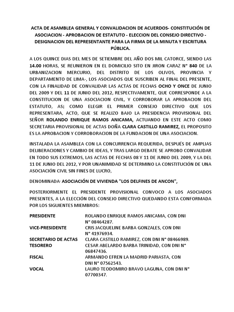 Acta de Asamblea General y Convalidacion de Acuerdos | PDF | Virtud | Información del gobierno