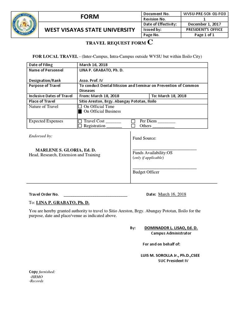 West Visayas State University: Travel Request Form | PDF | Business