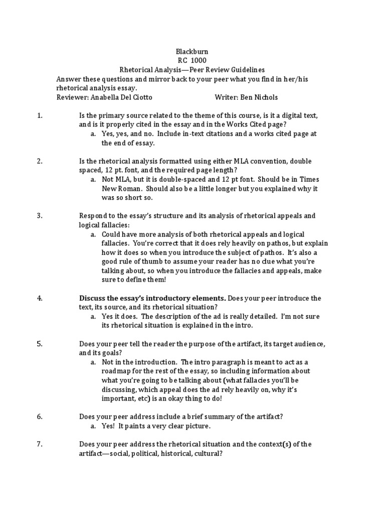 RC 1000 Rhetorical Analysis Peer Review Ben Nichols | PDF | Essays ...