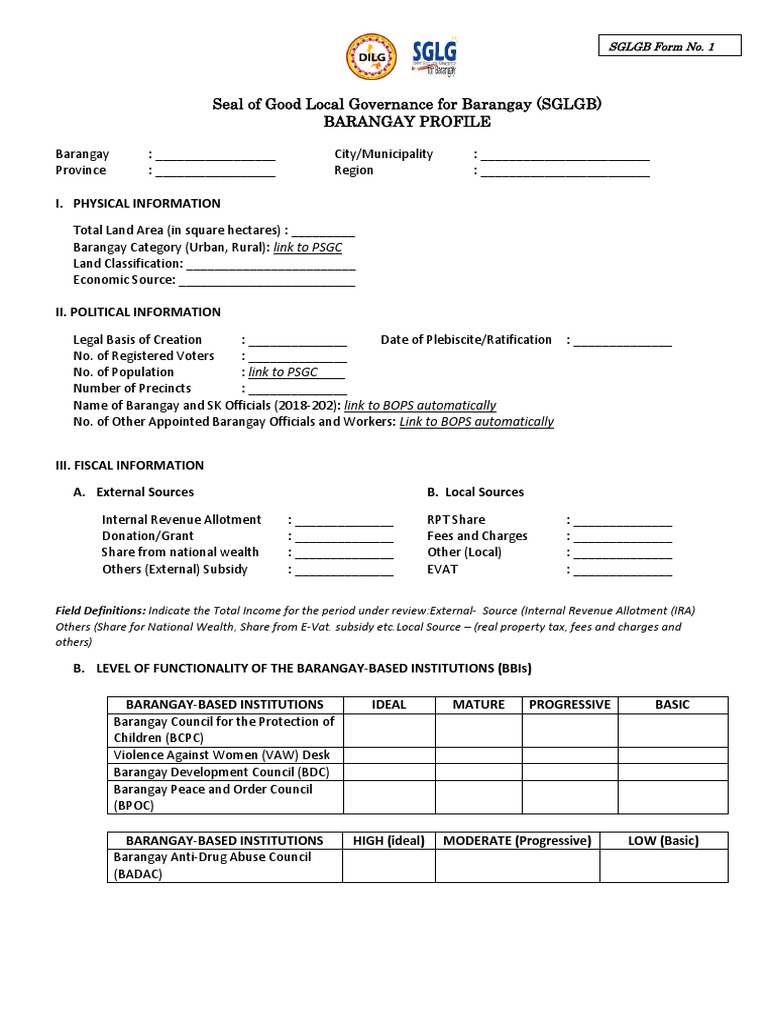 SGLGB Form 1 - Barangay Profile | PDF | Tap Water | Drinking Water