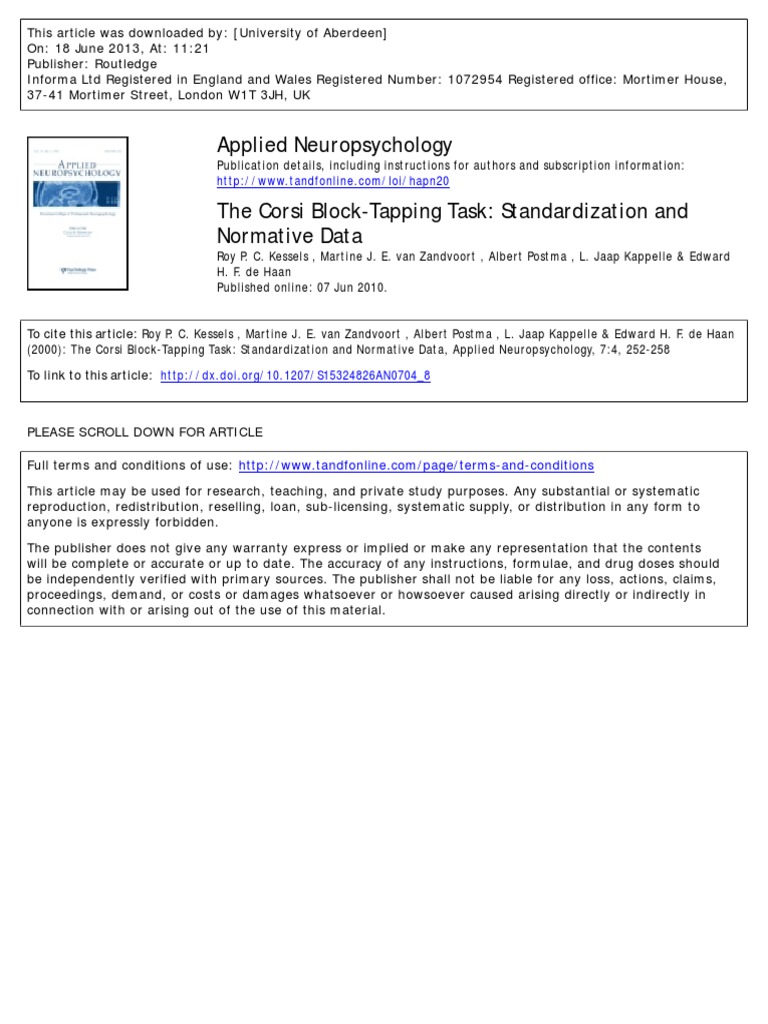 The Corsi Block-Tapping Task: Standardization and Normative Data | PDF ...