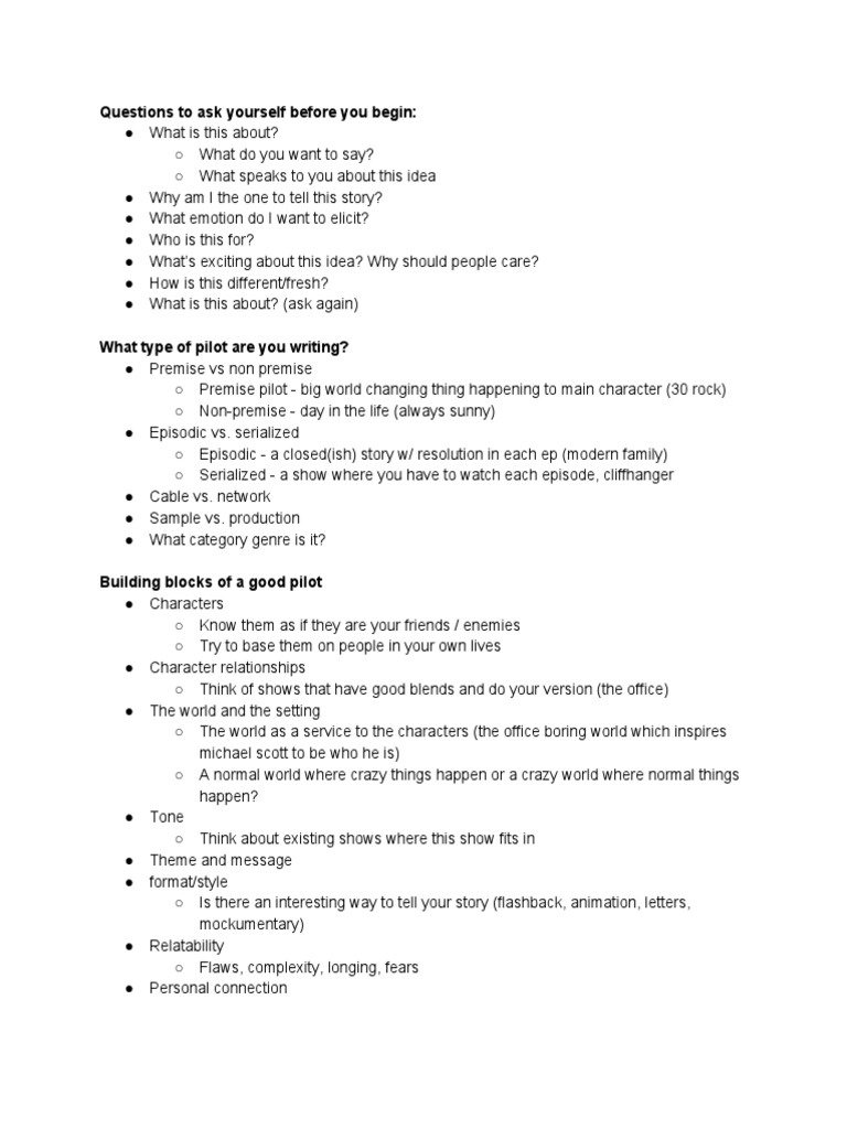 Comedy - Drama Pilot Structure Class Notes - 10-14-18 | PDF | Plot ...