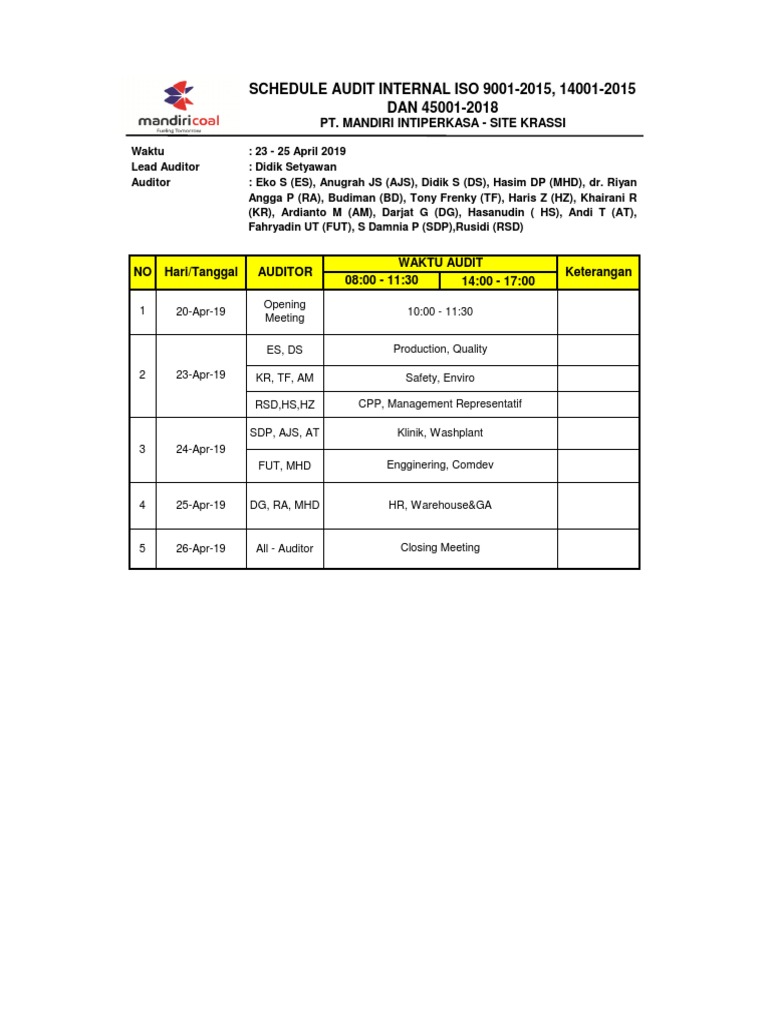 Iso 9001 2015 Audit Schedule _ Iso 9001 Internal Audit Schedule – FYNSR
