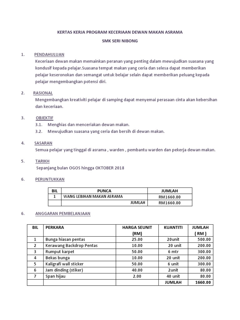 Kertas Kerja Program Keceriaan Dewan Makan Asrama | PDF