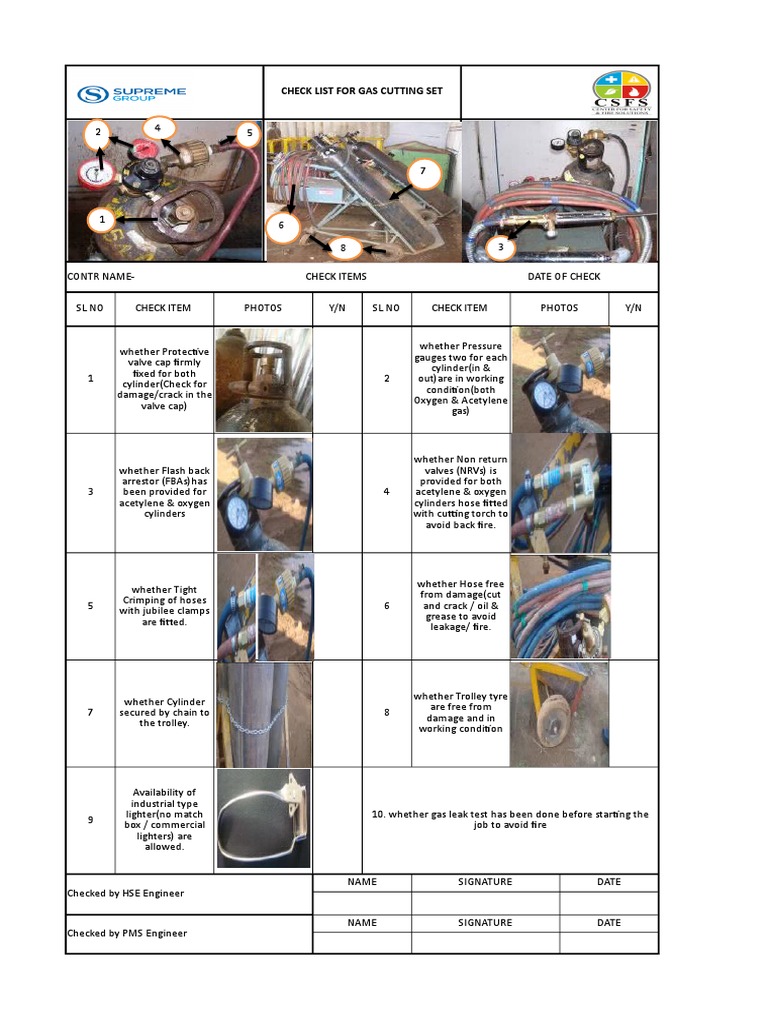 Gas Cutting Set Checklist | PDF | Manufactured Goods | Gases