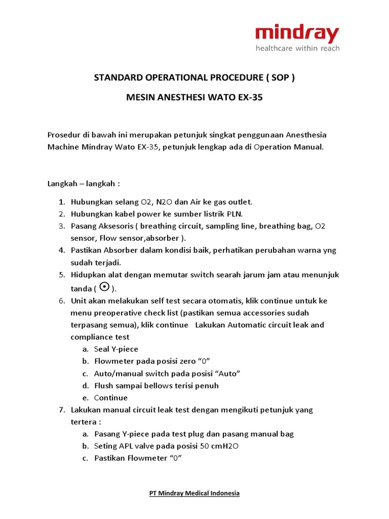 SOP Anesthesia Machine Wato-35 | PDF