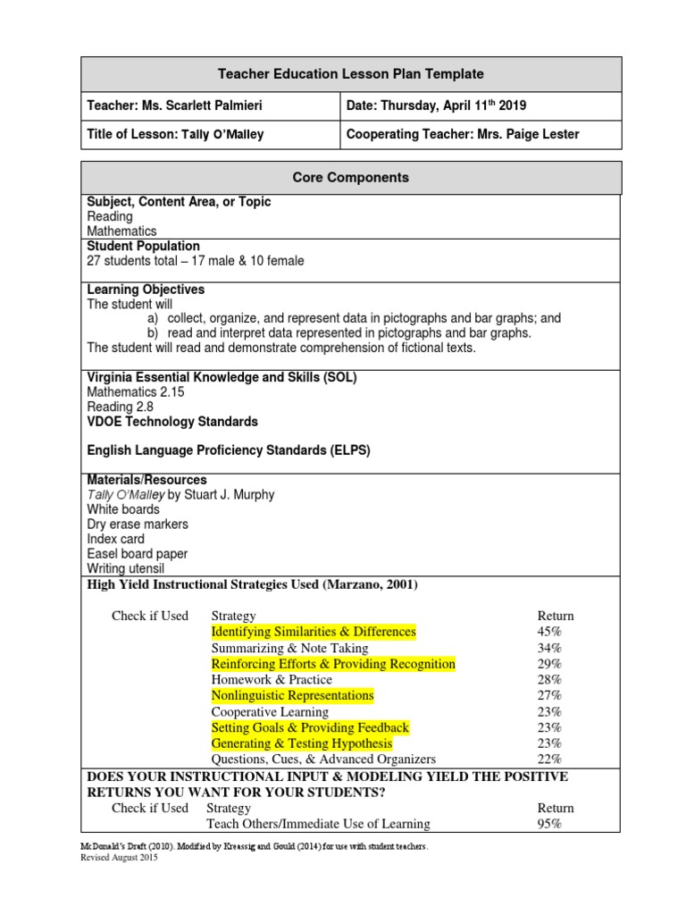 Teacher Education Lesson Plan Template: Tally O'Malley by Stuart J ...