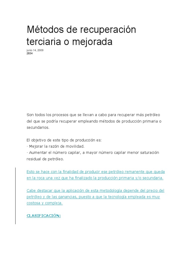 Métodos de Recuperación Terciaria o Mejorada | PDF | Permeabilidad ...