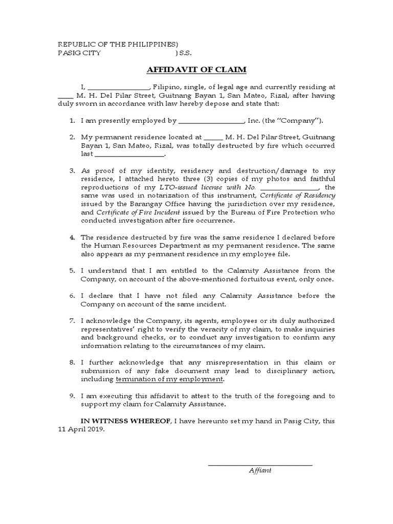 Affidavit of Claim Sample | PDF | Affidavit | Common Law