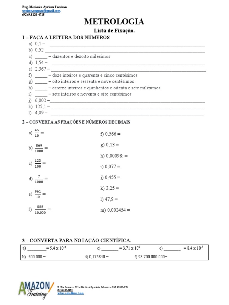 Lista de Exercicíos e Gabarito METROLOGIA | PDF | Pé (unidade de medida ...