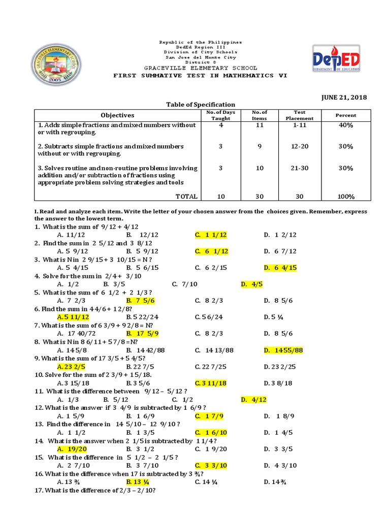 Summative Test I in Mathematics | PDF | Subtraction | Fraction ...