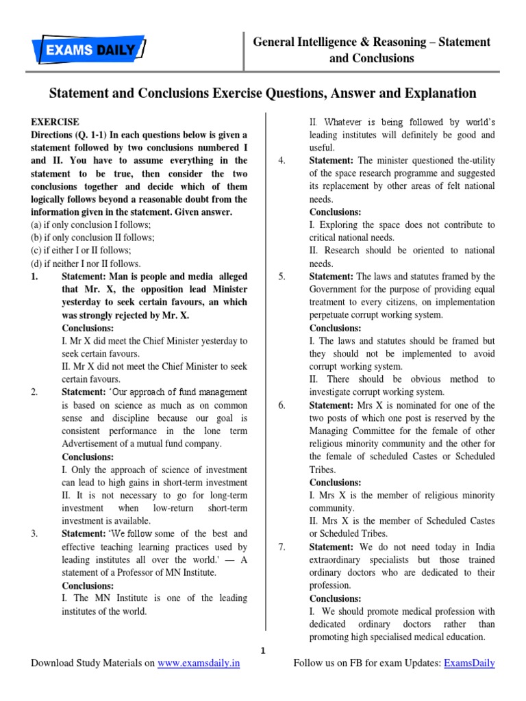 Statement and Conclusions Exercise Questions, Answer and Explanation ...
