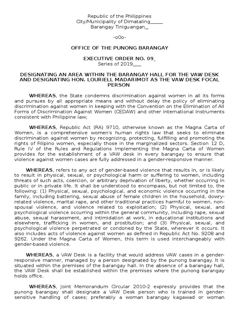 E.O. VAW Desk and Officer | PDF | Violence Against Women | Domestic ...