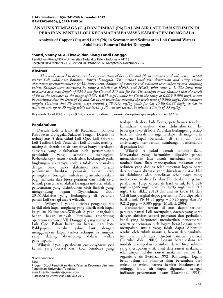 Analisis Tembaga (Cu) Dan Timbal (PB) Dalam Air Laut Dan Sedimen Di ...
