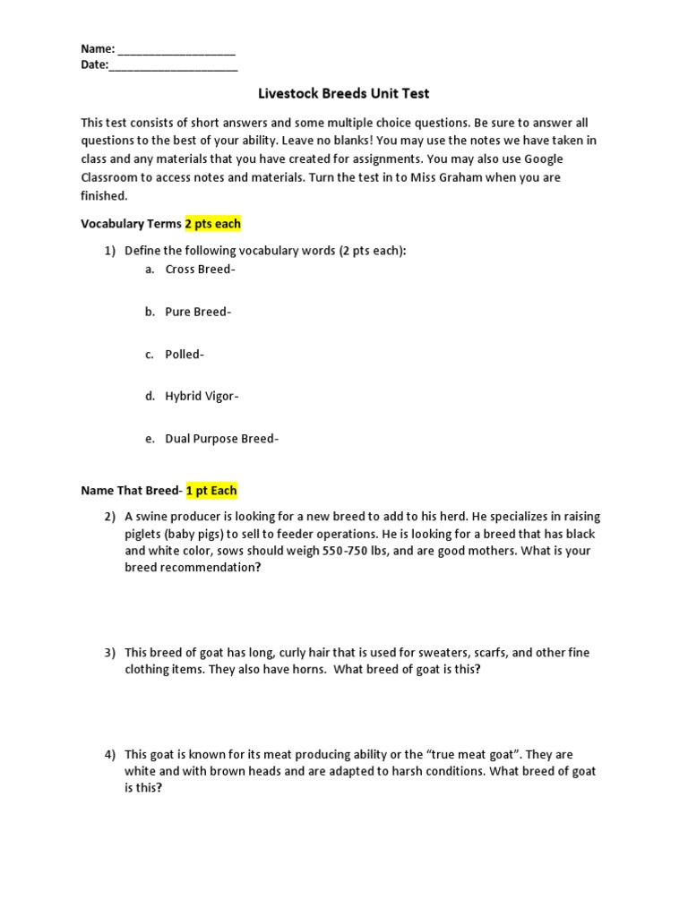 Livestock Breeds Unit Test | PDF | Calf | Cattle