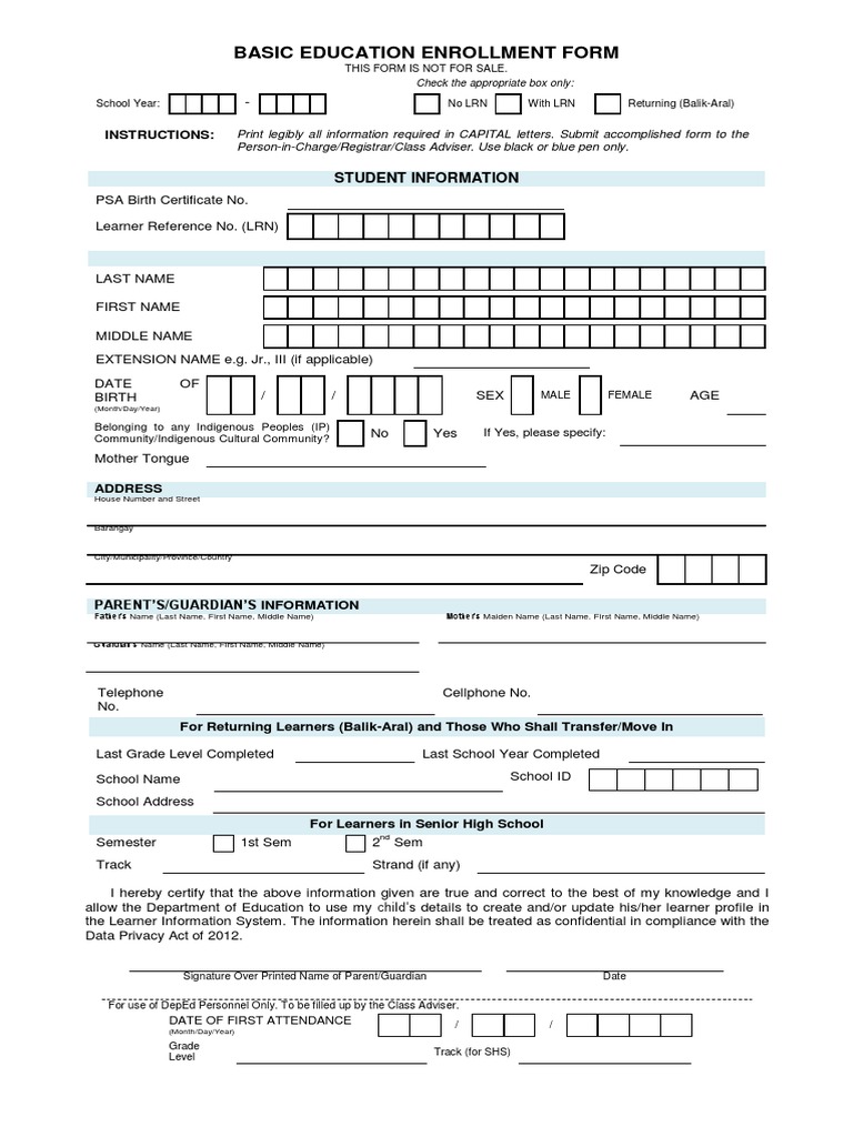 Basic Education Enrollment Form 2024-2025 | PDF | Birth Certificate ...
