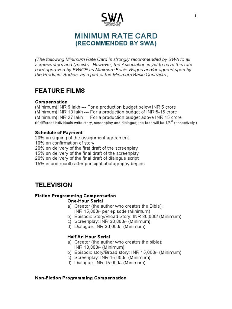 SWA Rate Card | PDF | Screenplay