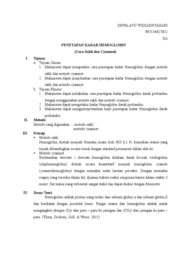 Penetapan Kadar Hemoglobin Metode Sahli dan Cyanmet | PDF ...