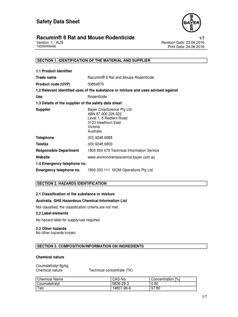 MSDS Racumin | PDF | Toxicity | Dangerous Goods
