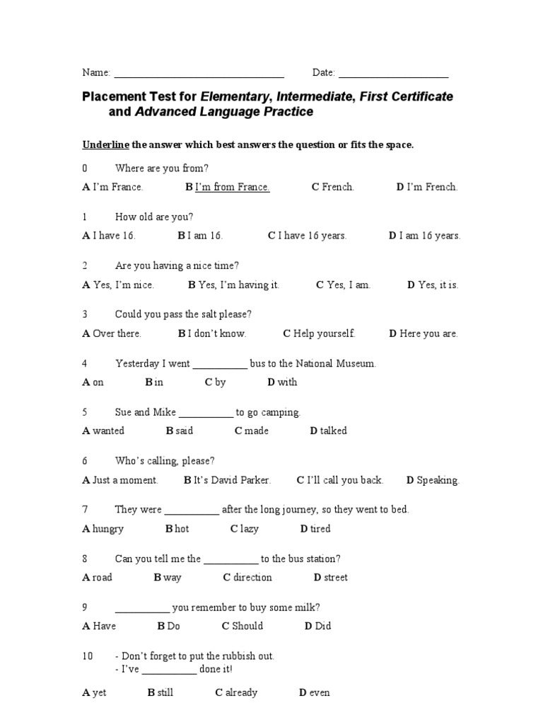 Placement Test For Elementary, Intermediate, First Certificate and ...
